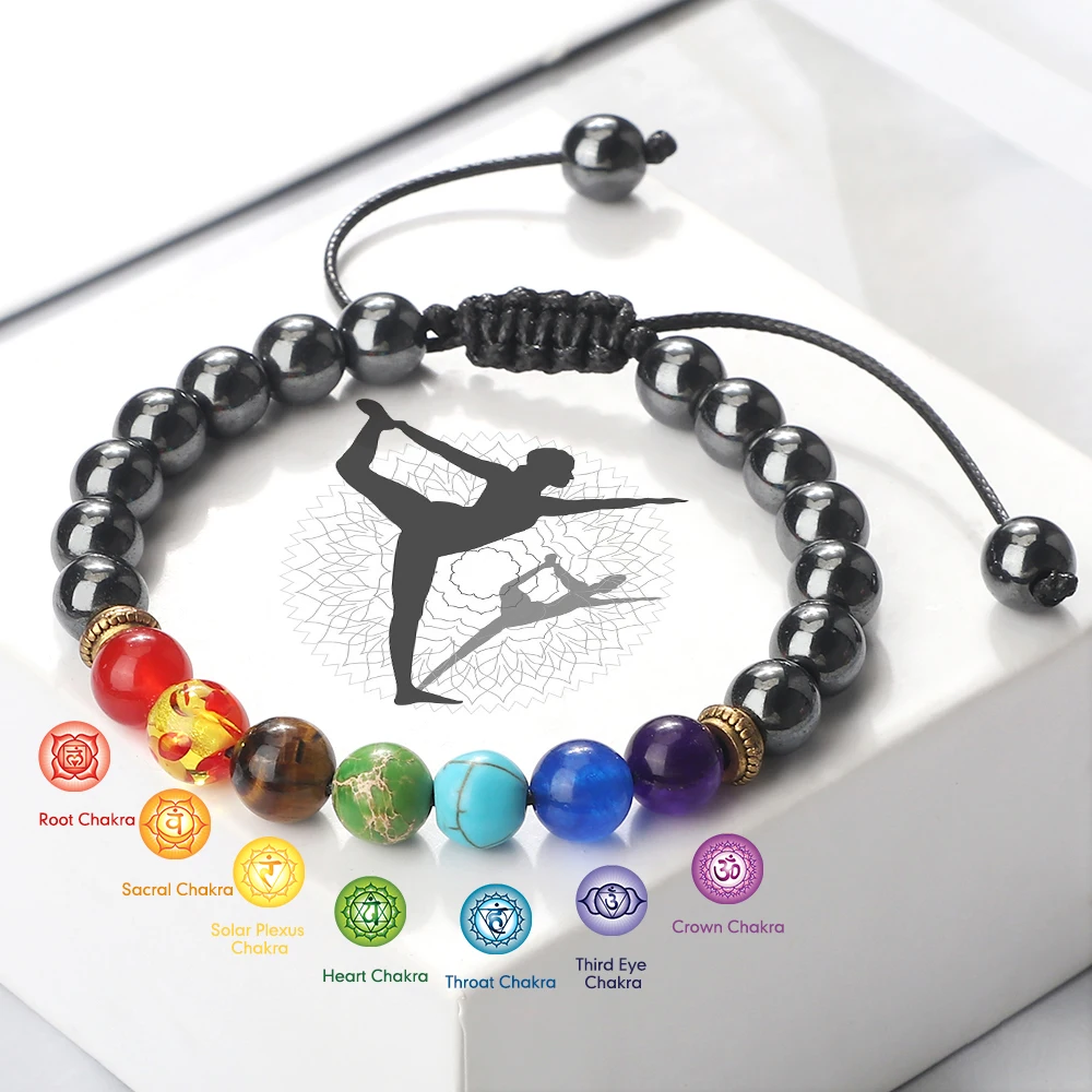 Healing 7 Chakra Beaded Bracelets Men 6 8mm Hematite Engery Stone Yoga ...