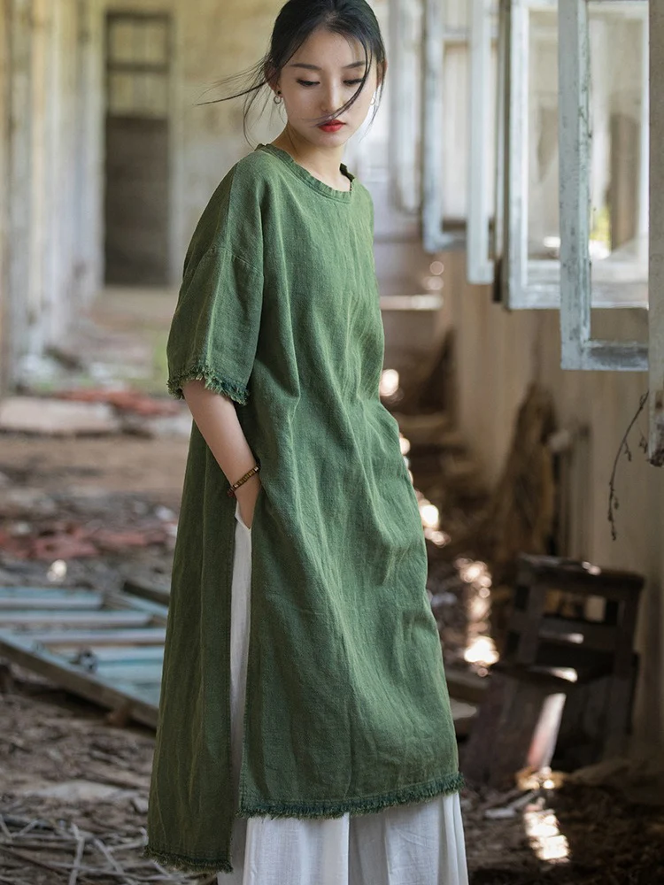Frayed-Ramie-Dress-Women-Vintage-Loose-Fit-1-2-Sleeve-Slit-Tunics-Retro ...
