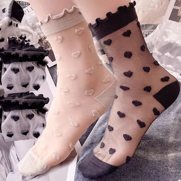 Women Summer Breathable Socks Transparent Lace Sock Sexy Ruffled Love ...
