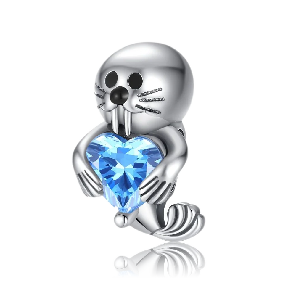 Classic 925 Sterling Silver Blue Long Toothed Seal Blue Heart Charm Fit ...