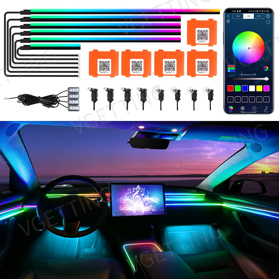 18in1-Car-LED-Ambient-Lights-Full-Color-Streamer-Multicolour-Interior ...