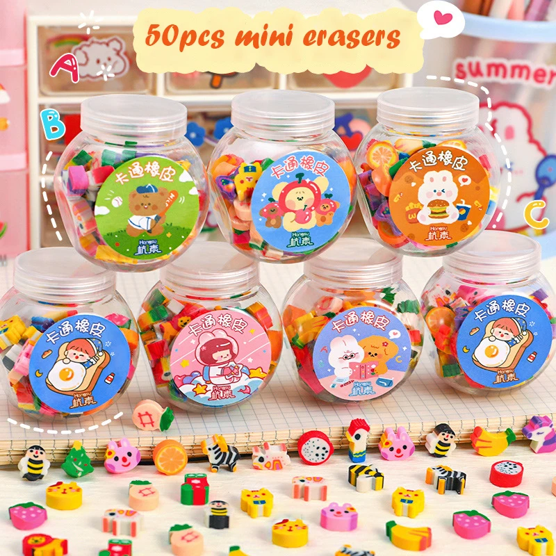 50pcs/box Kawaii Mini Erasers Cute Cartoon Rubber Erasersfor Kids ...
