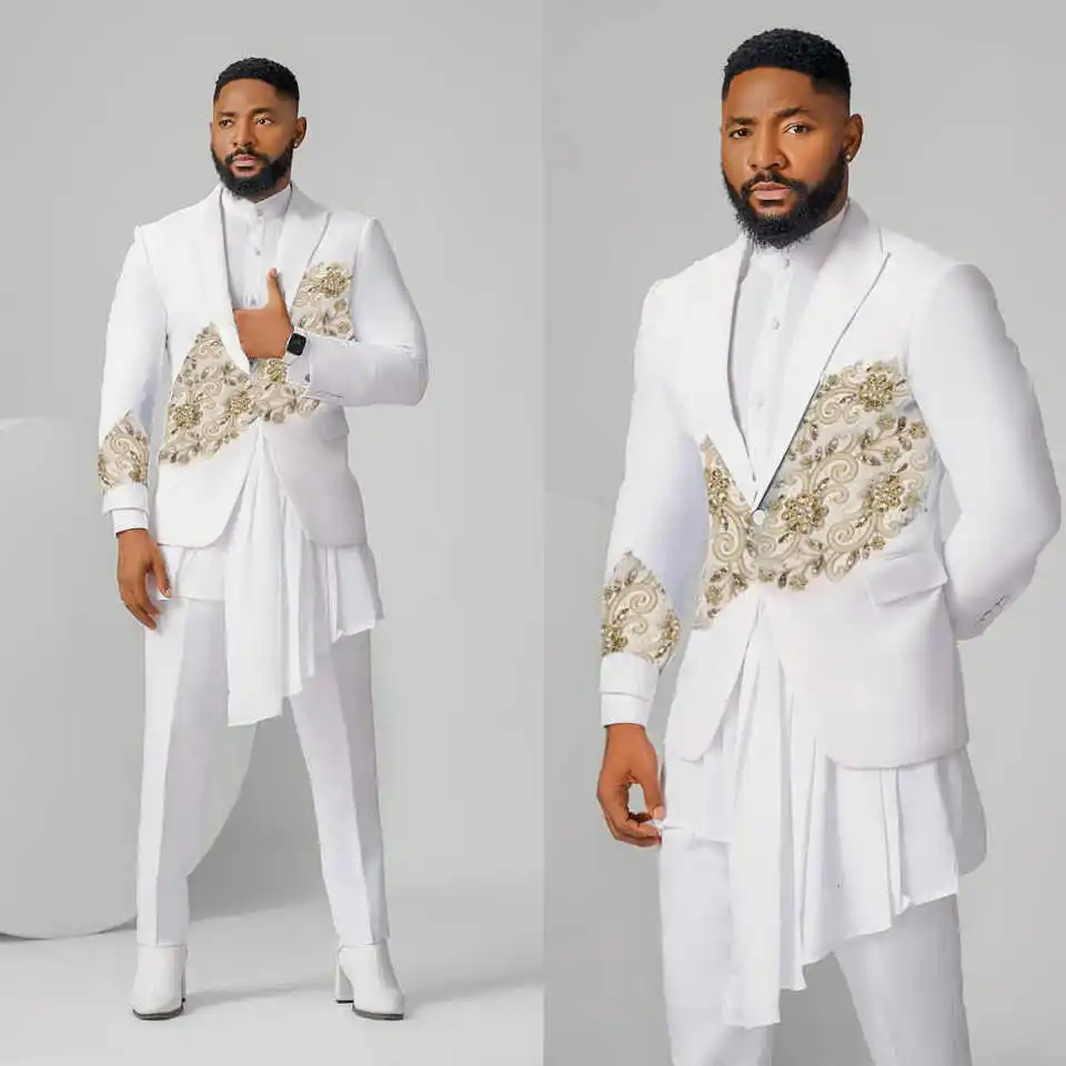 Gorgeous Wedding Tuxedos Appliques Beaded Men Suit Peaked Lapel 2 Piece ...