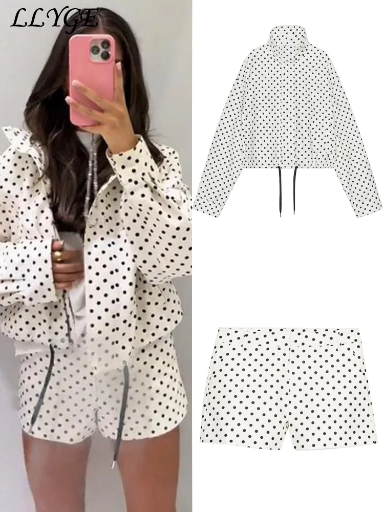 Street Polka Dot Jacket Shorts Sets Women Drawstring Stand Collar Full ...