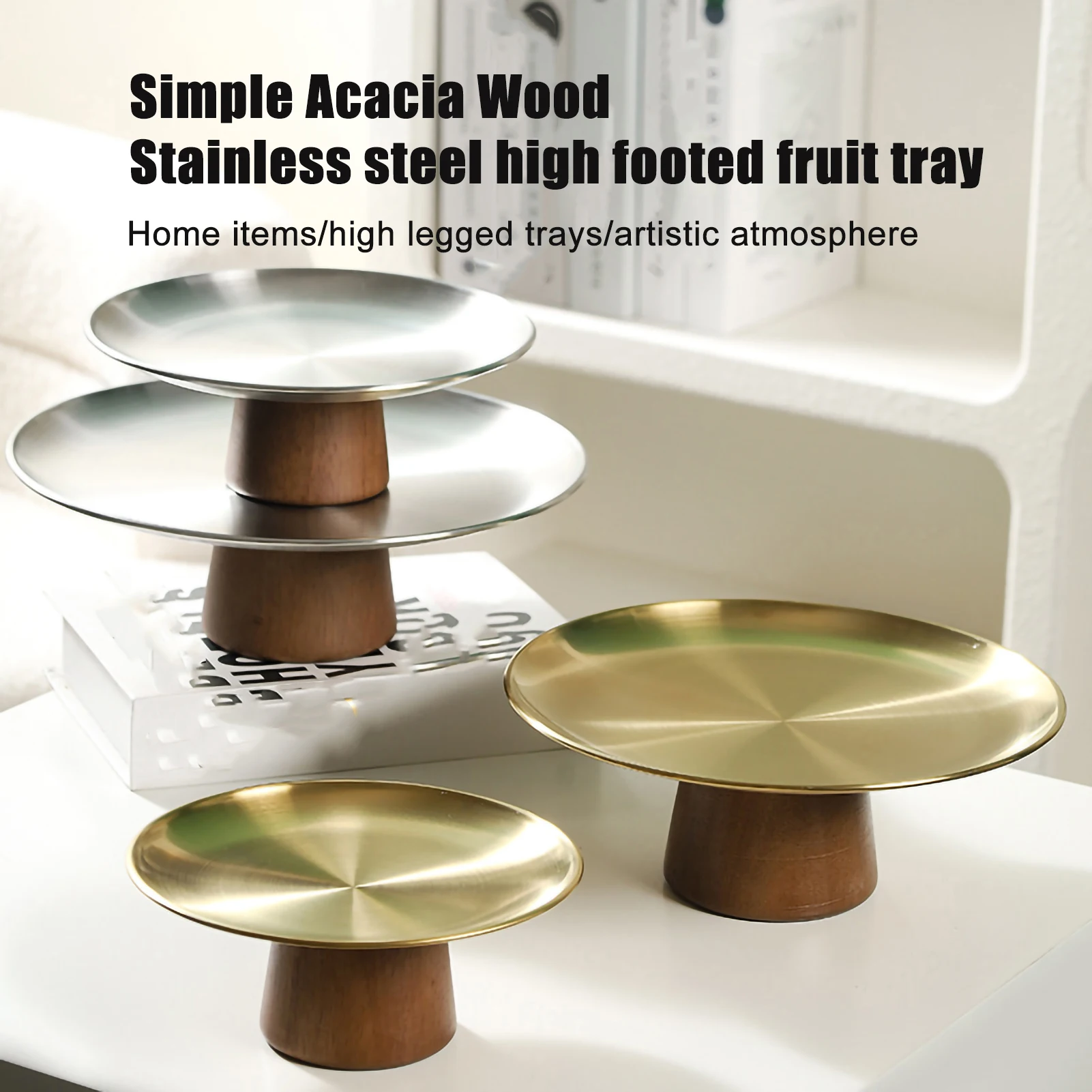 Stainless-Steel-High-Foot-Cake-Tray-Wooden-Base-Korean-Style-Fruit ...