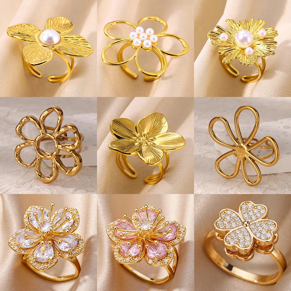 Anillos abiertos grandes con flores de acero inoxidable para mujer ...