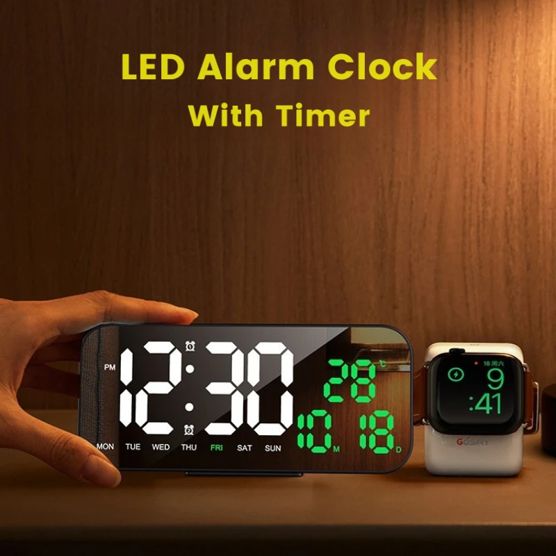 HD Mirror Screen LED Digital Alarm Clock with Timer Bedroom Snooze ...