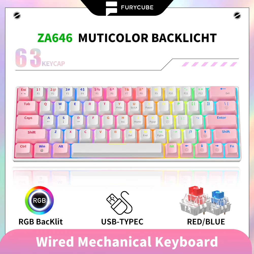 FURYCUBE-ZA646-Pick-White-63-Keys-Mechanical-Keyboard-Red-Blue-Switch ...