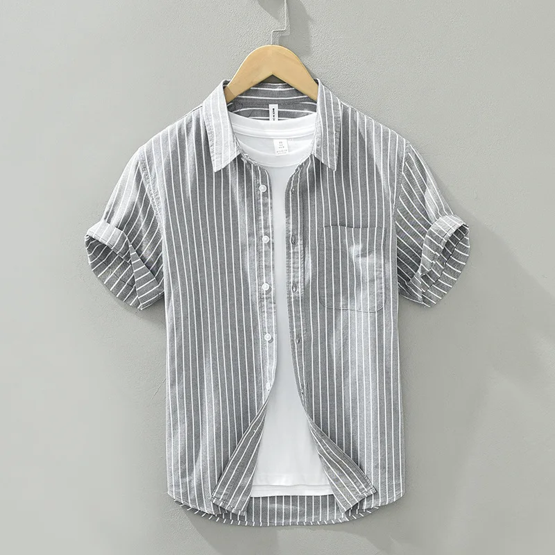 Gray-Striped-Short-Sleeve-Shirts-for-Men-Casual-Turn-down-Collar-Tops ...
