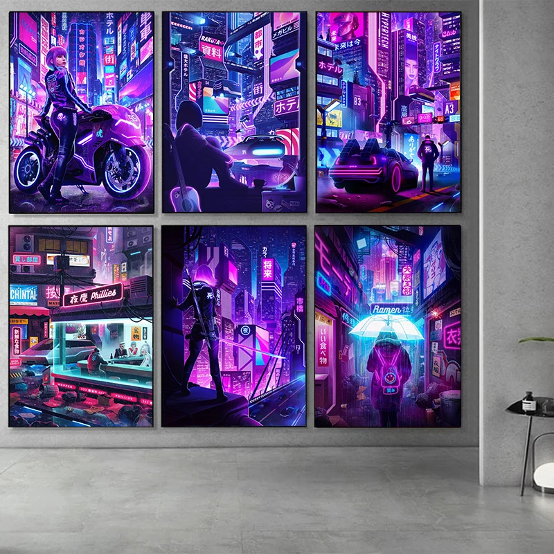 Future Cyberpunk City Poster Punk Style Night City Street Scenery ...