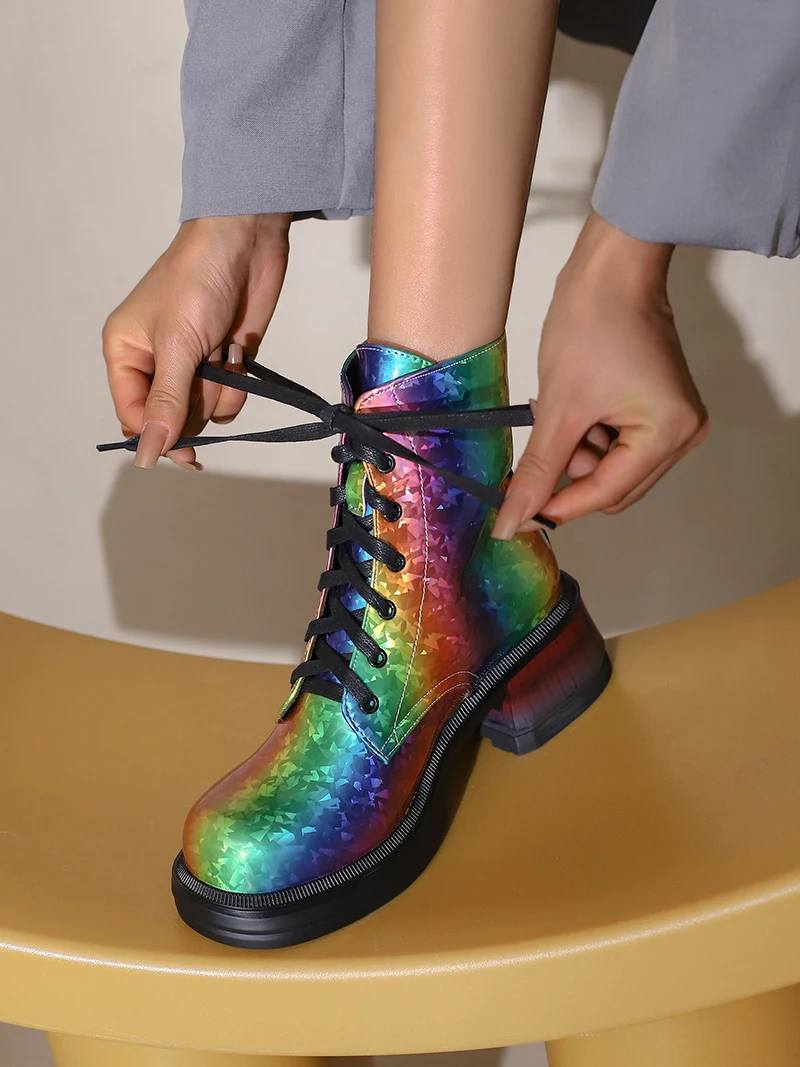 Bright Patent Leather Water Color Round Toe Thick Heel Boots Punk Style ...