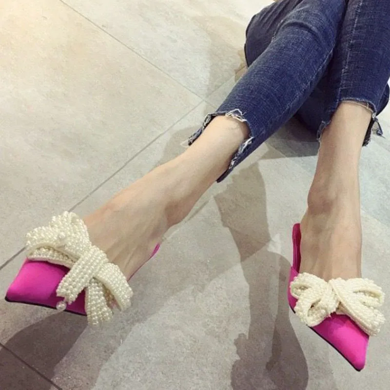 Fuchsia silk pearl Bowtie Pointy Toe slipper Women kitten heels beading ...