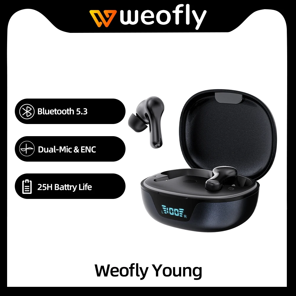 Weofly Young Wireless Headphones Bluetooth Headset Dual Mic ENC IPX5 Waterproof Earphones LED ...