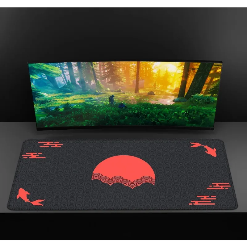 Japanese-Desk-Mat-Black-Red-Mouse-Pad-Koi-Fish-Sun-Cloud-Japan-Art-Seal ...