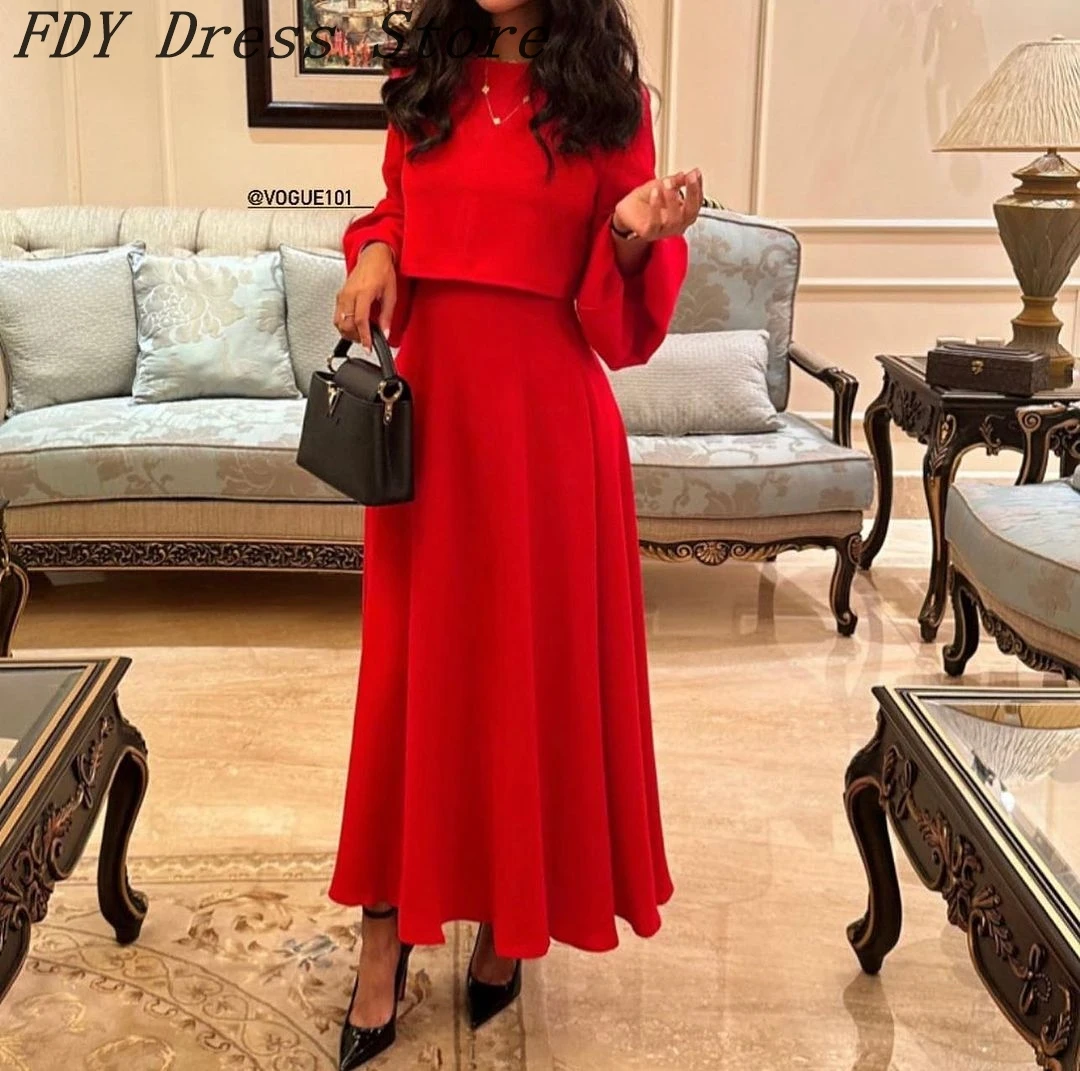 Customized Two Pieces Red Prom Dresses O-Neck Long Sleeves Ankle Length ...