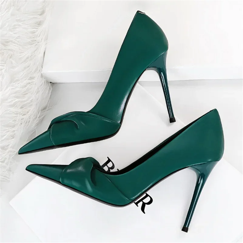 Women Elegant Dark Green 7cm 10cm High Thin Heels Pumps Female Trendy ...