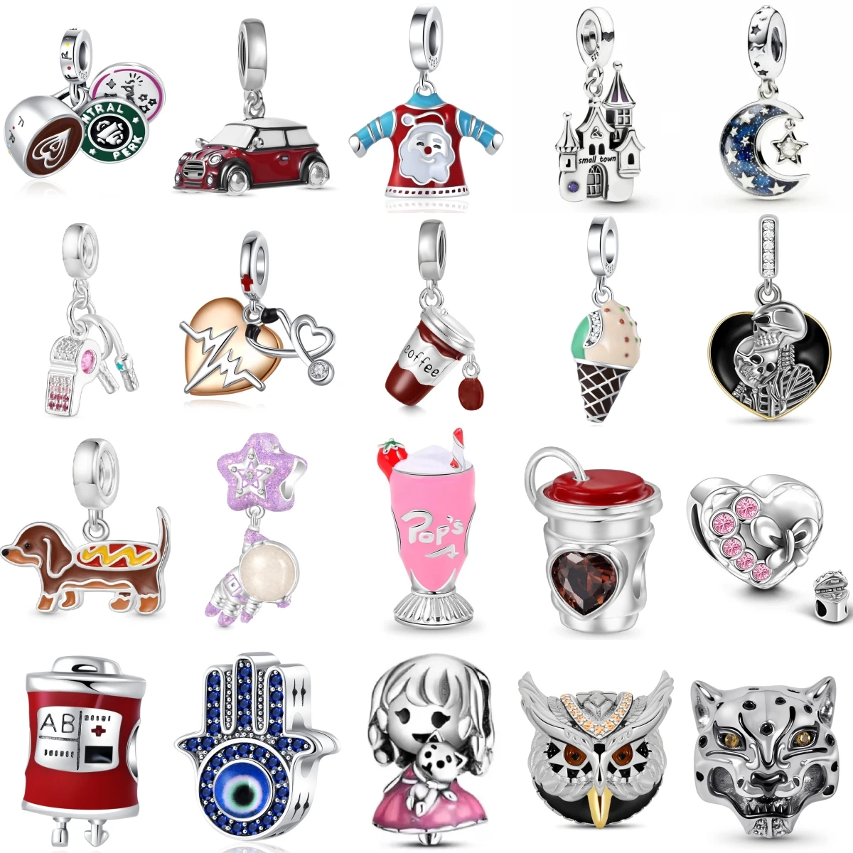 2024-New-925-Silver-Coffee-ice-cream-headphones-Owl-leopard-Charm-Bead ...