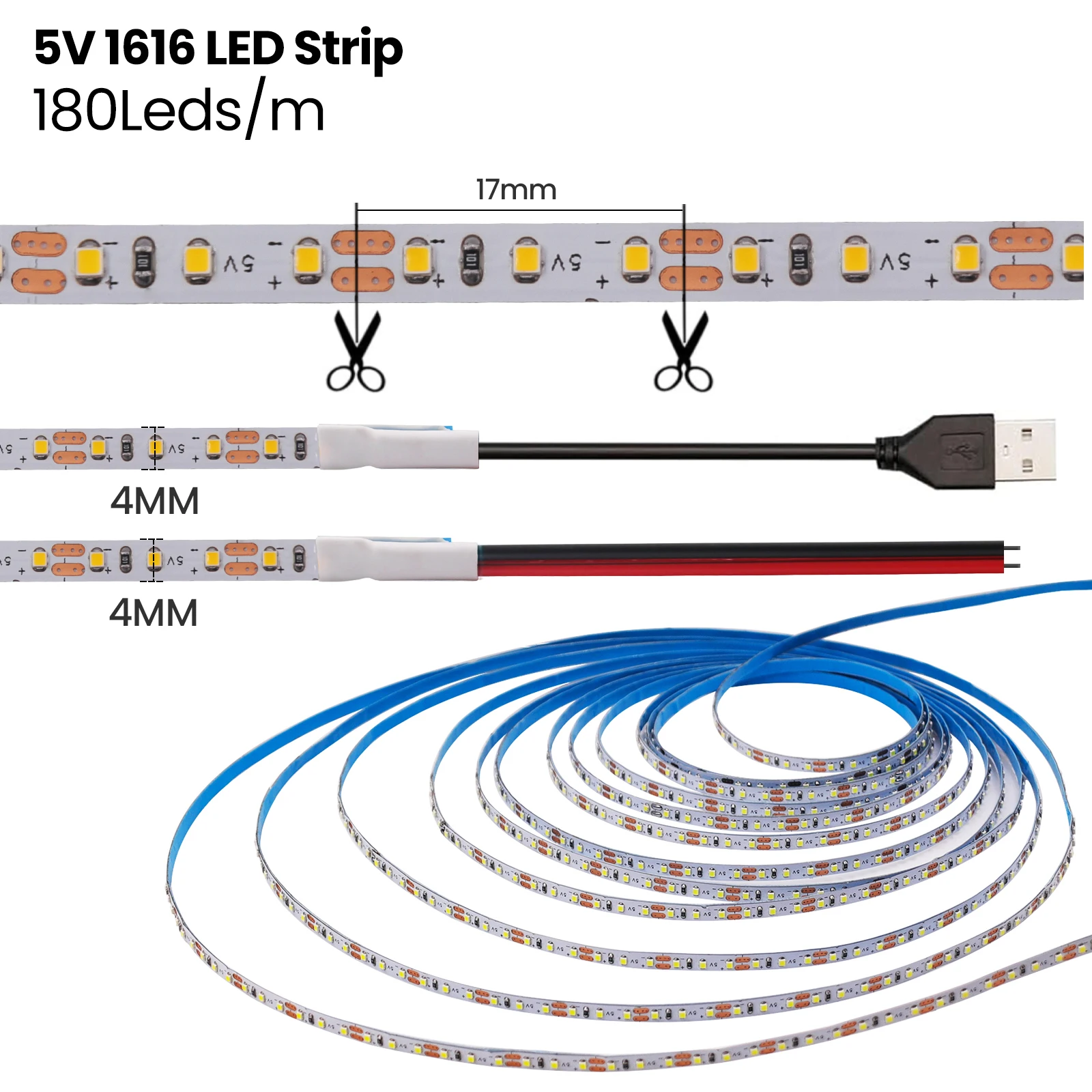 DC 5V 1616SMD LED Strip 4mm Width 180LEDs/m Super Bright 3 LED Per Cut ...