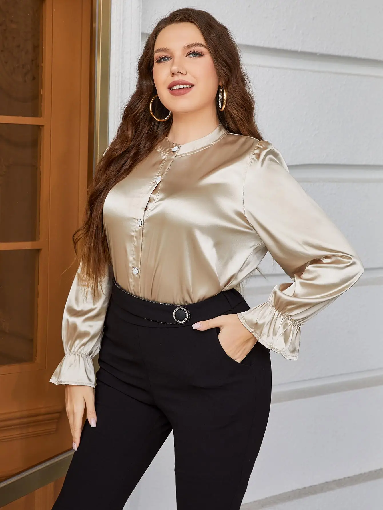 Plus-Size-Sikly-Satin-Long-Sleeve-Top-Shirts-Tie-Mock-Neck-Blouse-Front ...