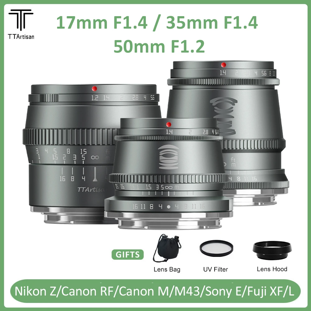 TTArtisan 수동 초점 티타늄 그레이 인물 사진 렌즈, 소니 E 후지 X 캐논 M M43, 17mm F1.4 35mm F1.4 50mm F1.2 APS C ...