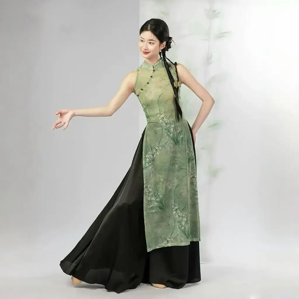 Chinese Style Elastic Floral Print Cheongsam Chinese Classical Dance ...