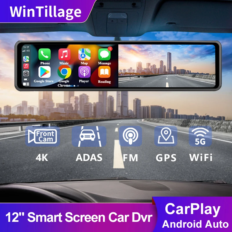 ใหม่12 "4K รถ DVR Dash Cam Wireless Carplay Android Auto ADAS GPS FM 5G WiFi บลูทูธกระจกมองหลัง ...