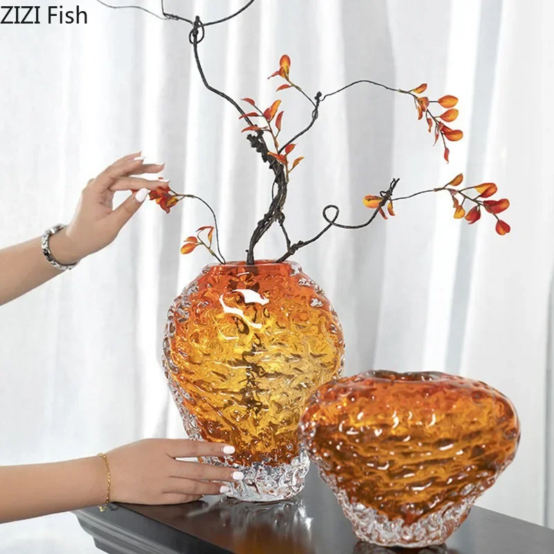 Amber-Color-Wrinkle-Glass-Vase-Flowers-Pots-Desk-Decoration-Flower ...