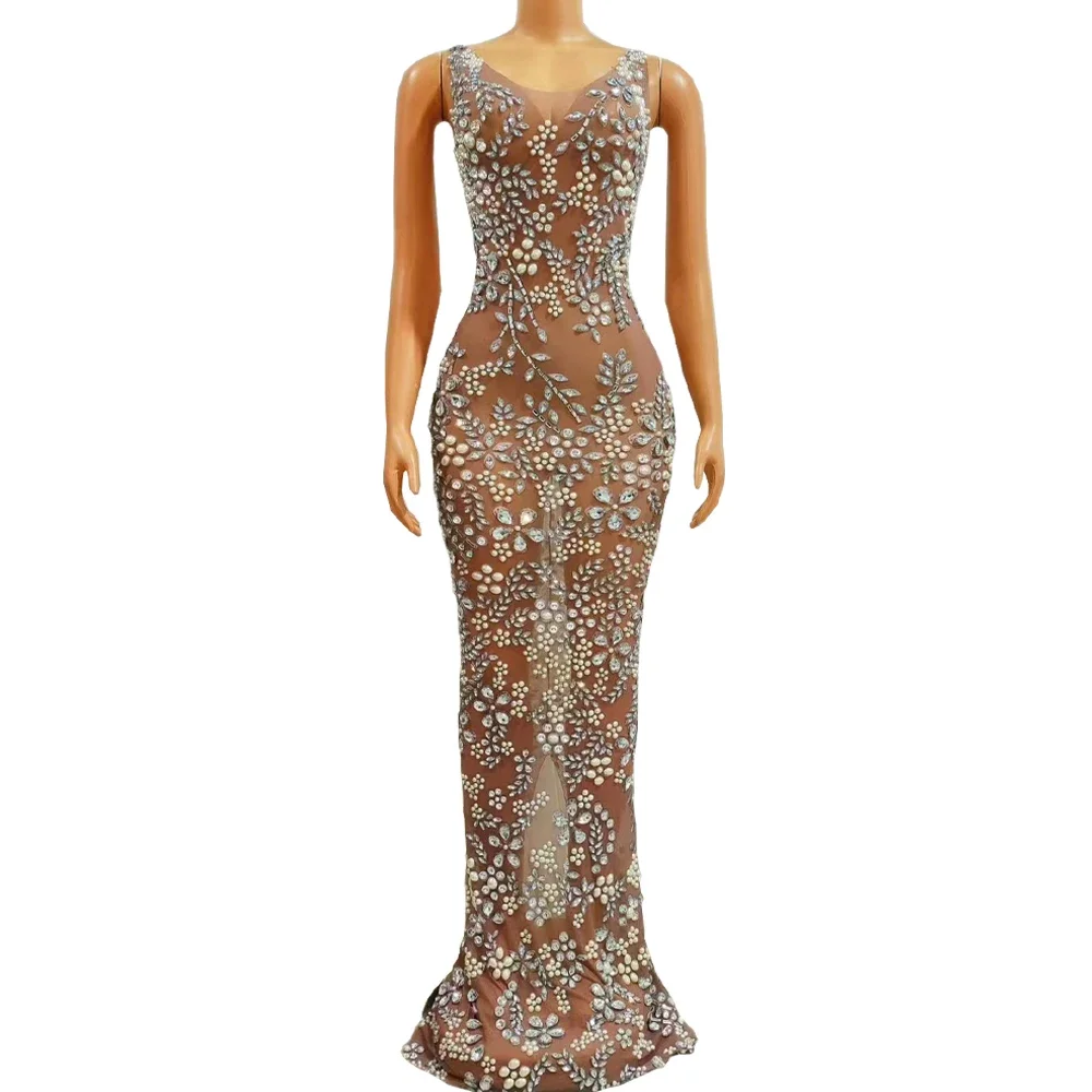 Sexy-Sparkly-Rhinestones-Mesh-Long-Dress-Women-Wedding-Birthday-Party ...