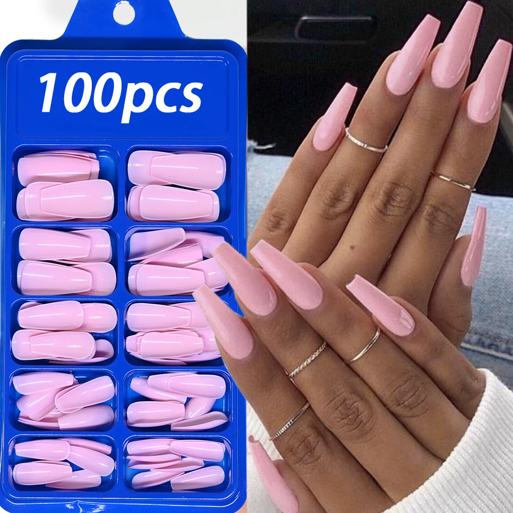100pcs-PINK-Artificial-Finger-Nail-Set-Full-Cover-Long-Ballerina-Fake ...