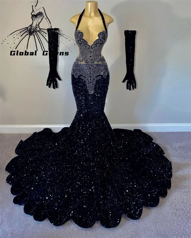 Halter Long Prom Dress For Black Girls Beaded Crystal Diamond Birthday ...