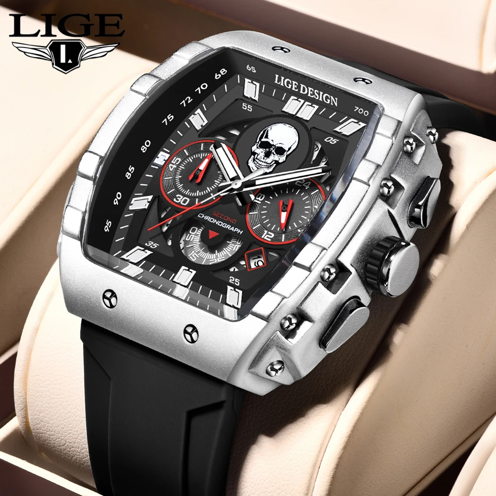 LIGE Brand Man Watch Skeleton Skull Dial Sport Army Watches for Men ...
