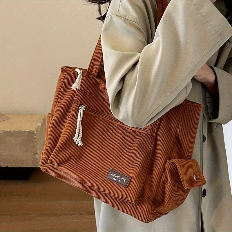 Simple Corduroy Tote Bags for Women Solid Shoulder Bag Retro MulWork ...