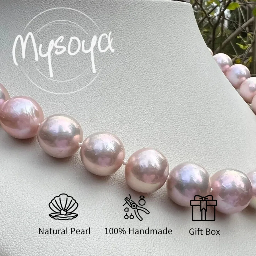 MYSOYA 11-13mm Pink Edison Pearl Necklace Large Natural Pearls Gift Box ...