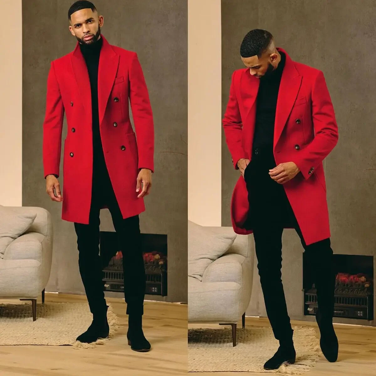 Red Double Breasted Long Men Suit Jacket Male Formal Overcoat Wedding ...