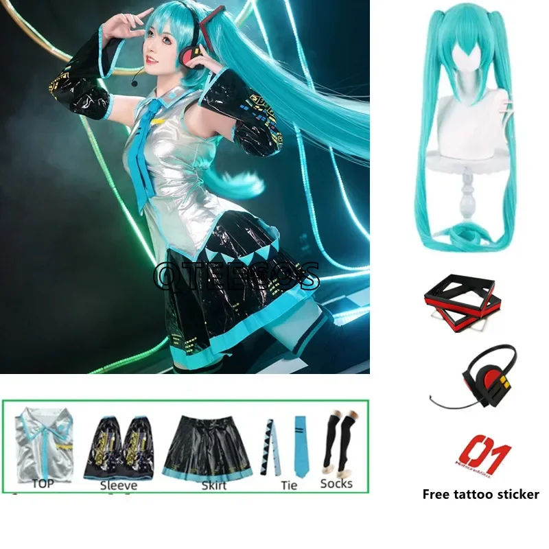 Disfraz de Cosplay de Anime Vocaloid Miku, vestido Midi de cuero PU ...