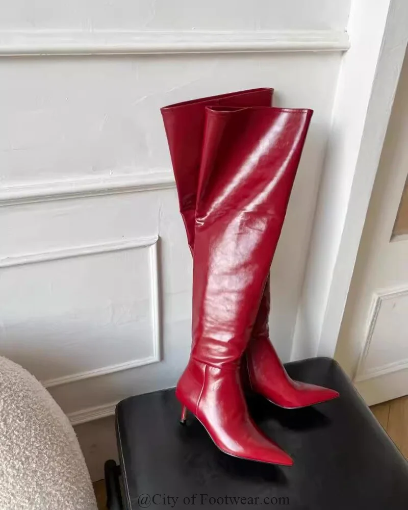 Red-Kitten-Heel-Leather-Thigh-High-Boots-Women-Black-Low-Heel-Vintage ...