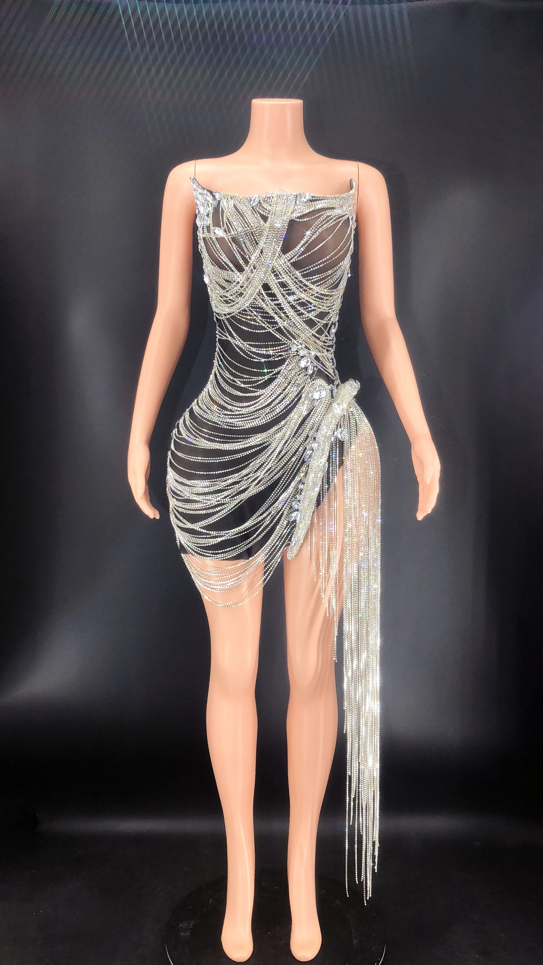 Women Sexy Stage Crystals Chains Transparent Sleeveless Dress Evening ...