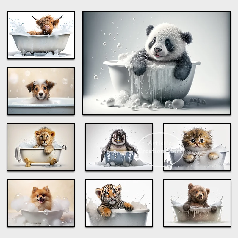 Cute-Baby-Animals-In-Bathtub-Posters-Cute-Animal-Art-Canvas-Painting ...