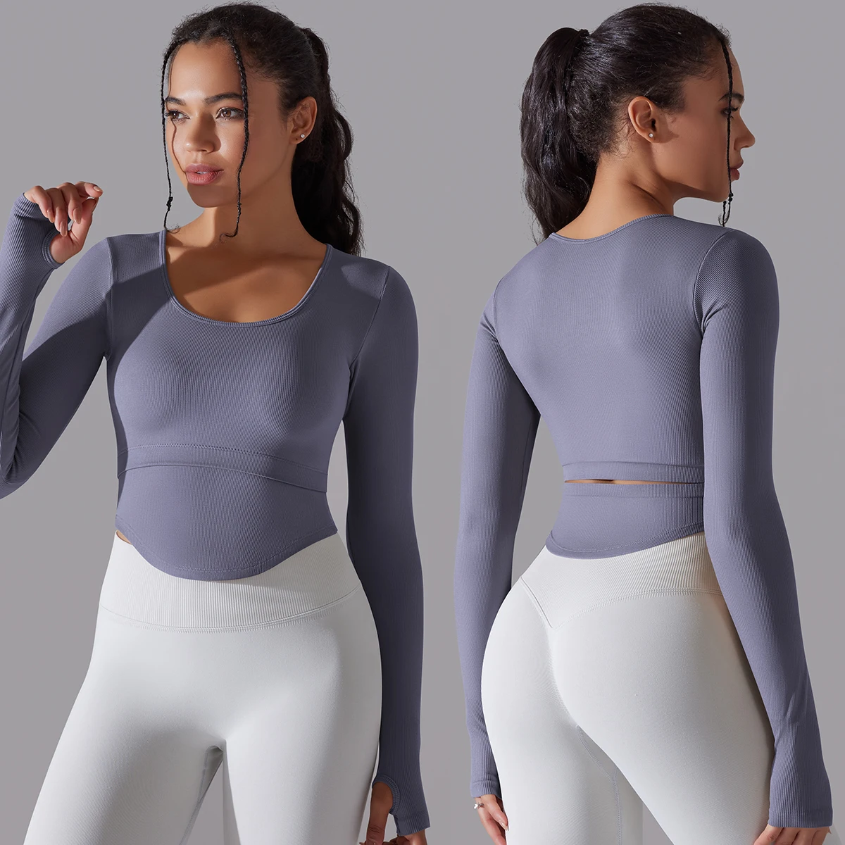 Seamless-Ribbed-Yoga-Shirts-With-Fixed-Chest-Pad-Long-Seelves-Sports ...