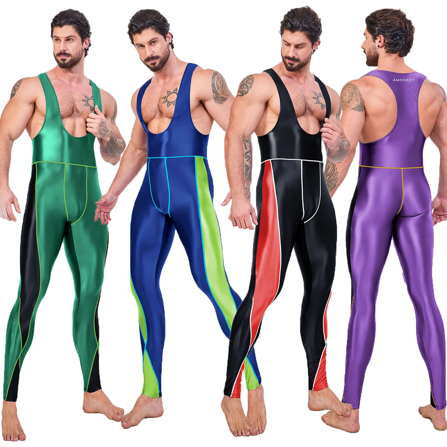 AMORESY Men Glossy Satin One Piece Tracksuits Backless Sports Cycling ...