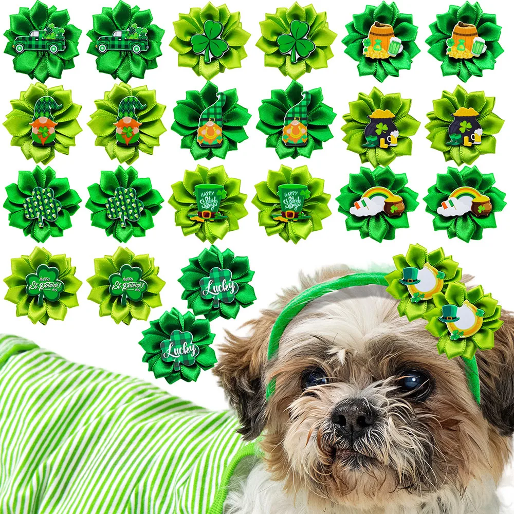 100PCS St. Patrick's Day Dog Hair Bows Green Flower Bows For Small Dogs ...