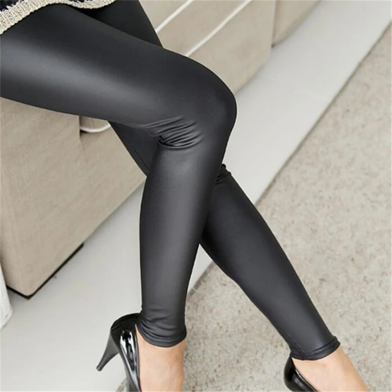Celana Kulit PU Hitam Legging Wanita Legging PU Pinggang Tinggi Elastis ...