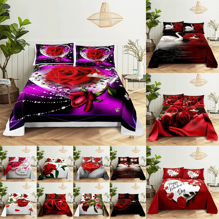 Red-Rose-Bed-Sheets-and-Pillowcases-for-Double-Beds-Single-3D-Flower ...