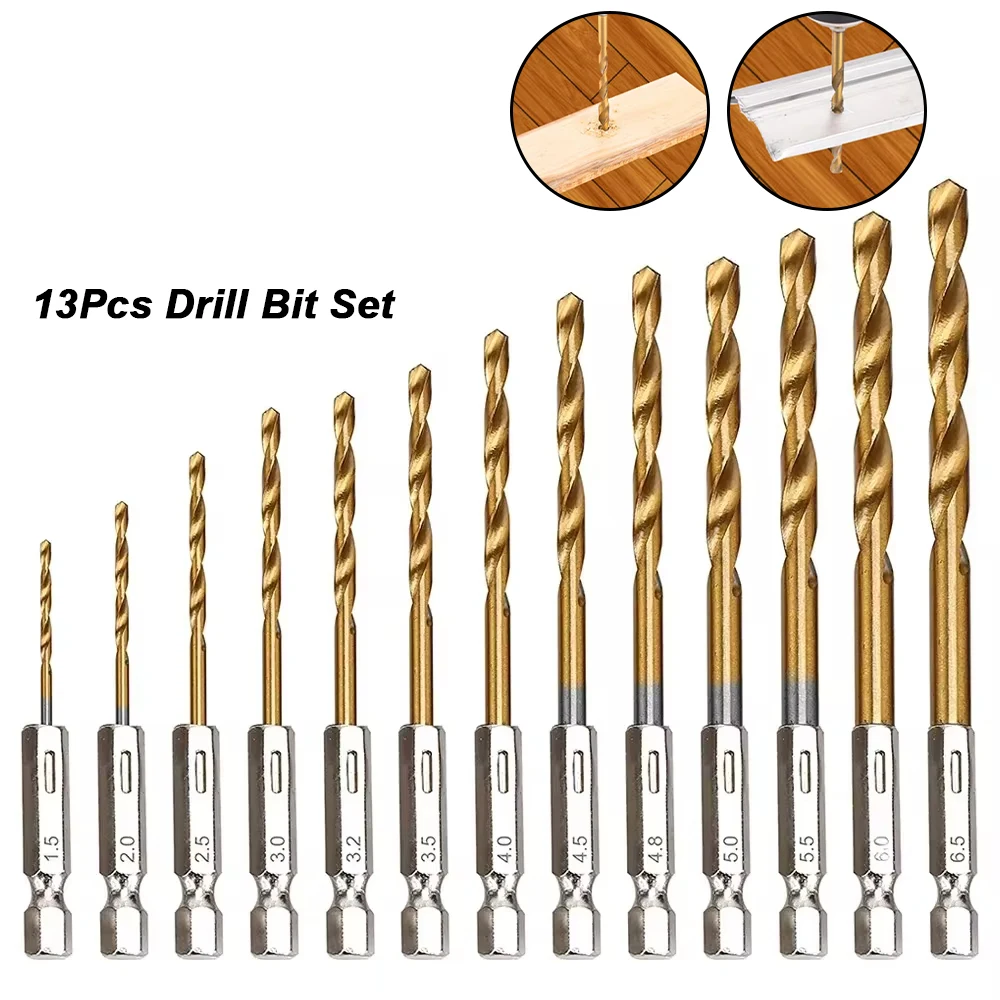 13Pcs-1-5mm-6-5mm-Drill-Bit-Set-Titanium-Coated-High-Speed-Steel-Hex ...