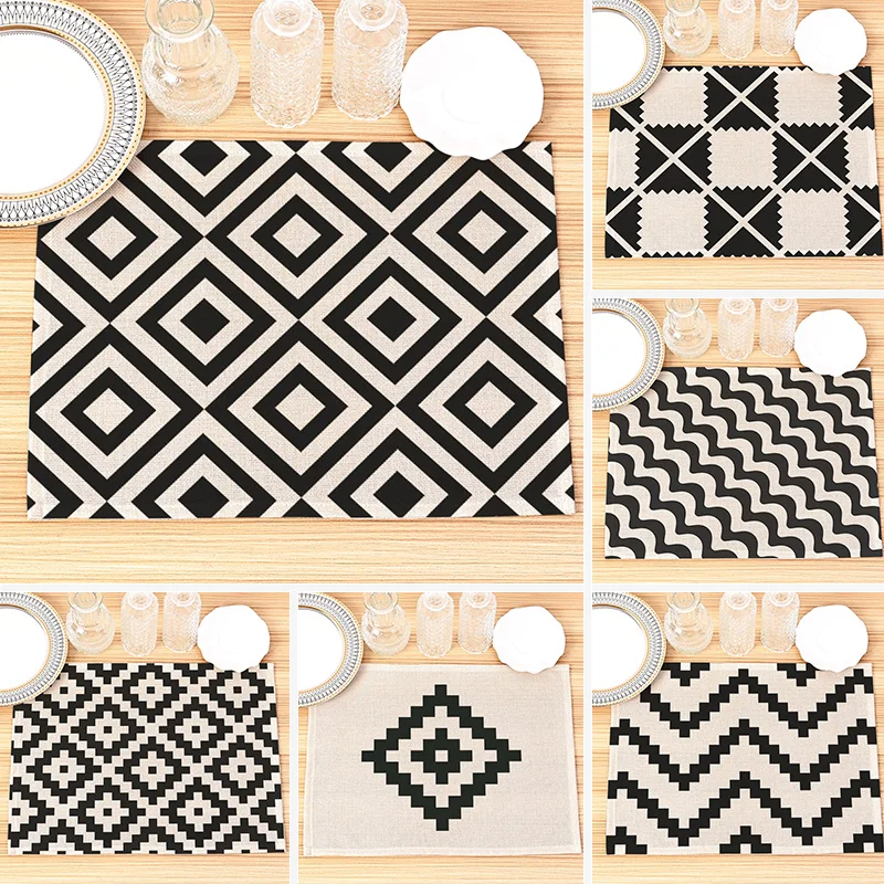 Black-and-White-Square-Geometric-Dining-Table-Mat-Patchwork-Line-Cooton ...