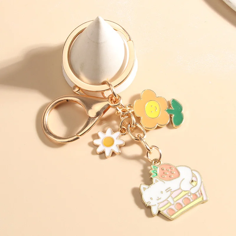 Cute Basket Cat Little Flower Enamel Keychain Gold Color Animal Plant ...