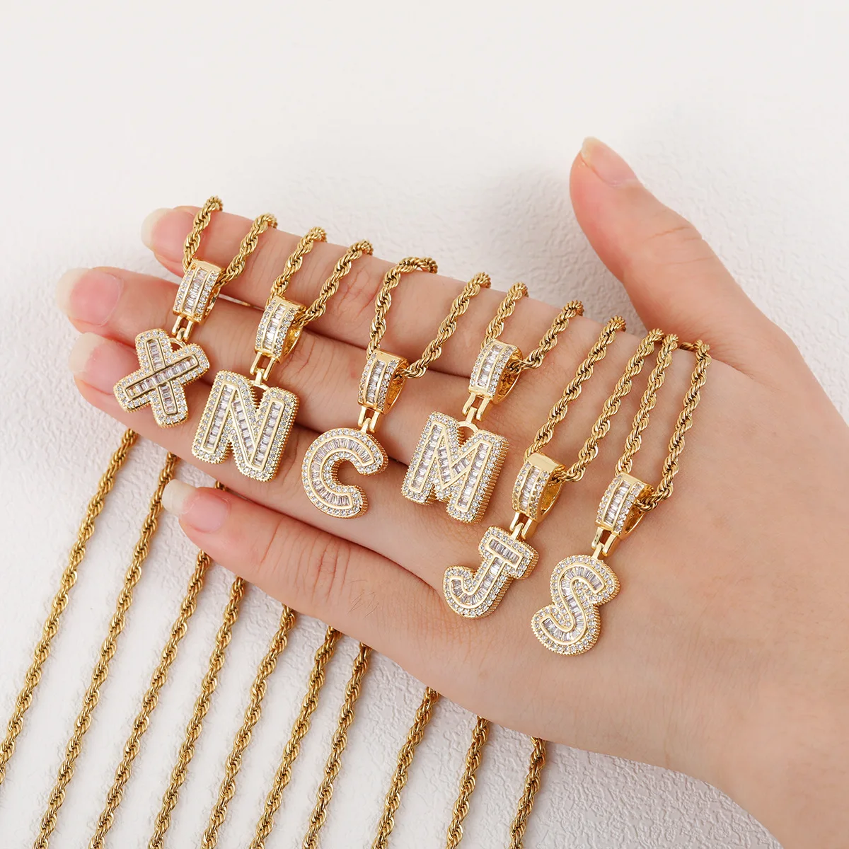 Letter Necklace Women Men Cubic Zirconia Initial Pendant Rope Chain ...