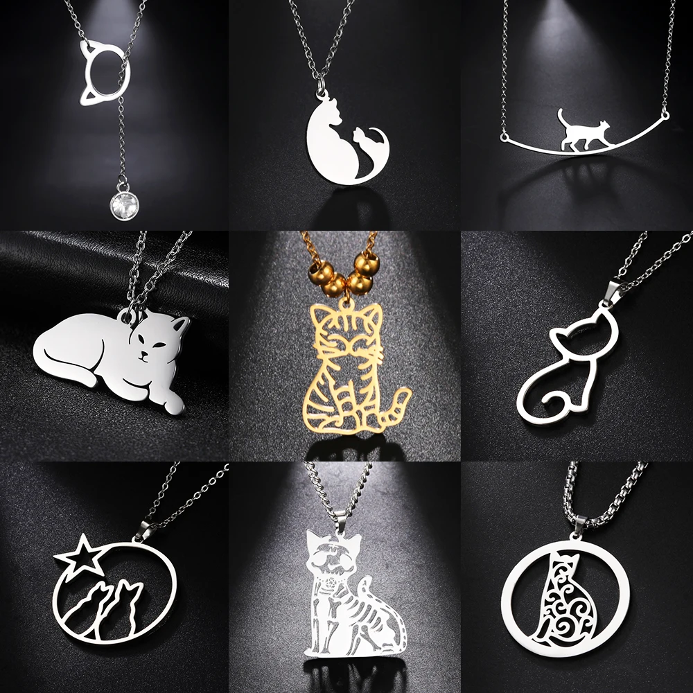 Teamer-Cat-Pendant-Necklace-for-Women-Stainless-Steel-Jewelry-Animal ...