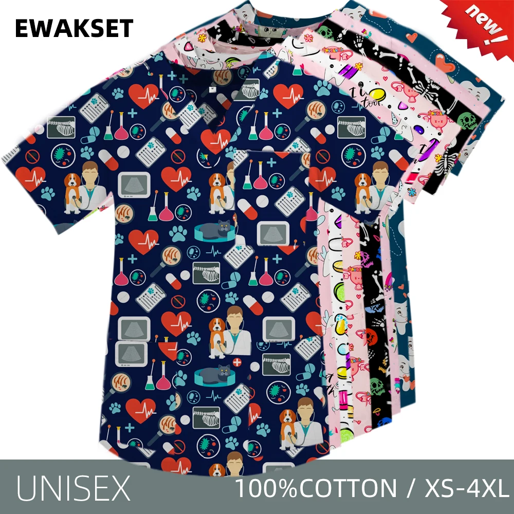 Unisex-Scrub-Tops-Caps-Women-Men-Dentist-Shirt-Printed-V-Neck-Uniform ...