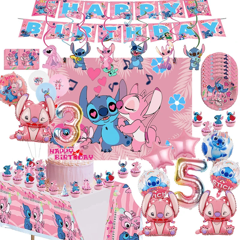 Disney Pink Stitch Birthday Party Decorations Disposable Tableware ...